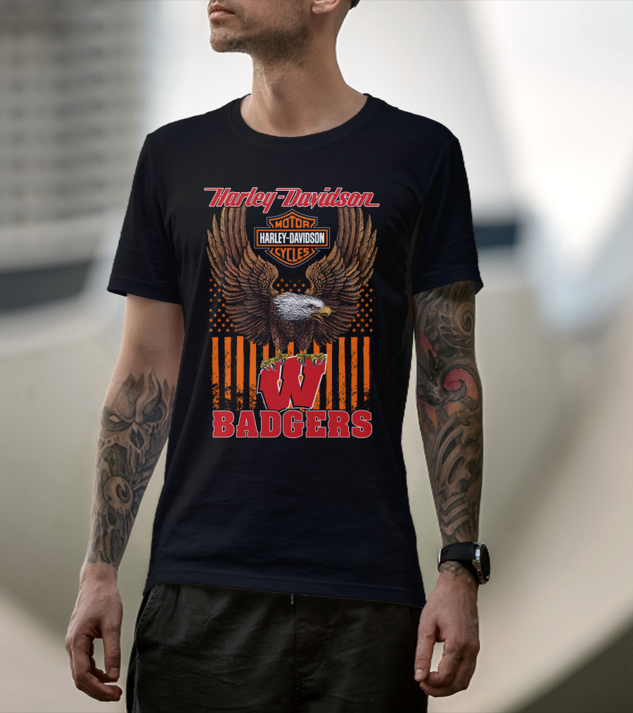 Harley Davidson Motor Cycles Wisconsin Badgers Eagle Stars And Stripes T-Shirt
