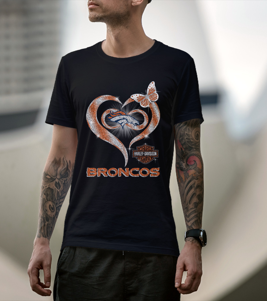 Denver Broncos Heart Harley Davidson Butterfly T-Shirt
