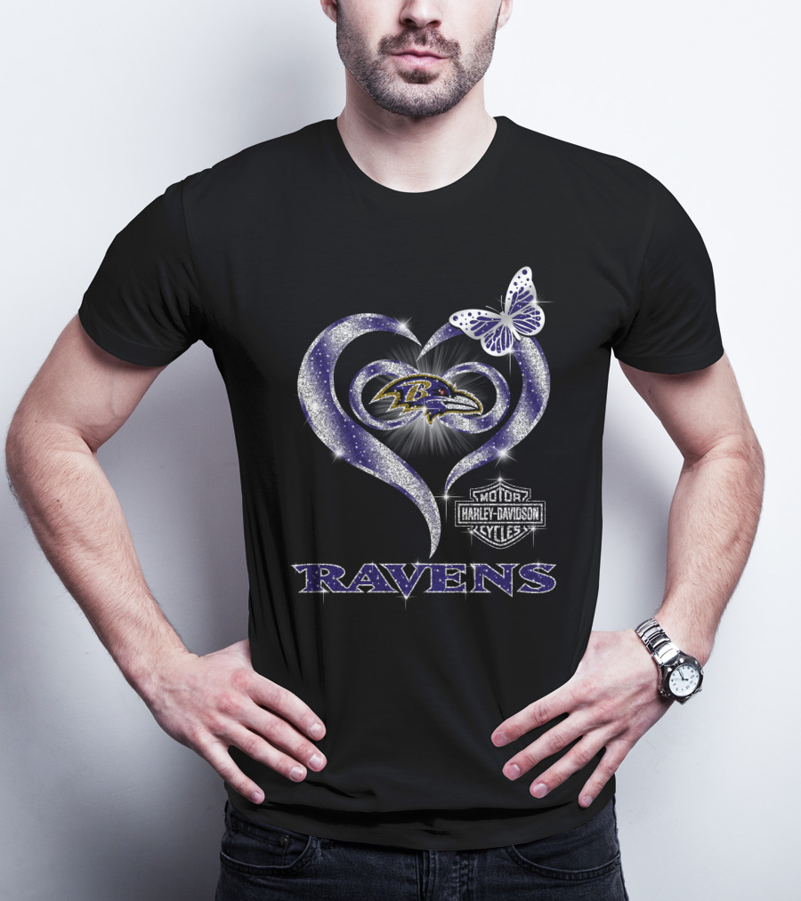 Baltimore Ravens Heart Harley Davidson Butterfly T-Shirt