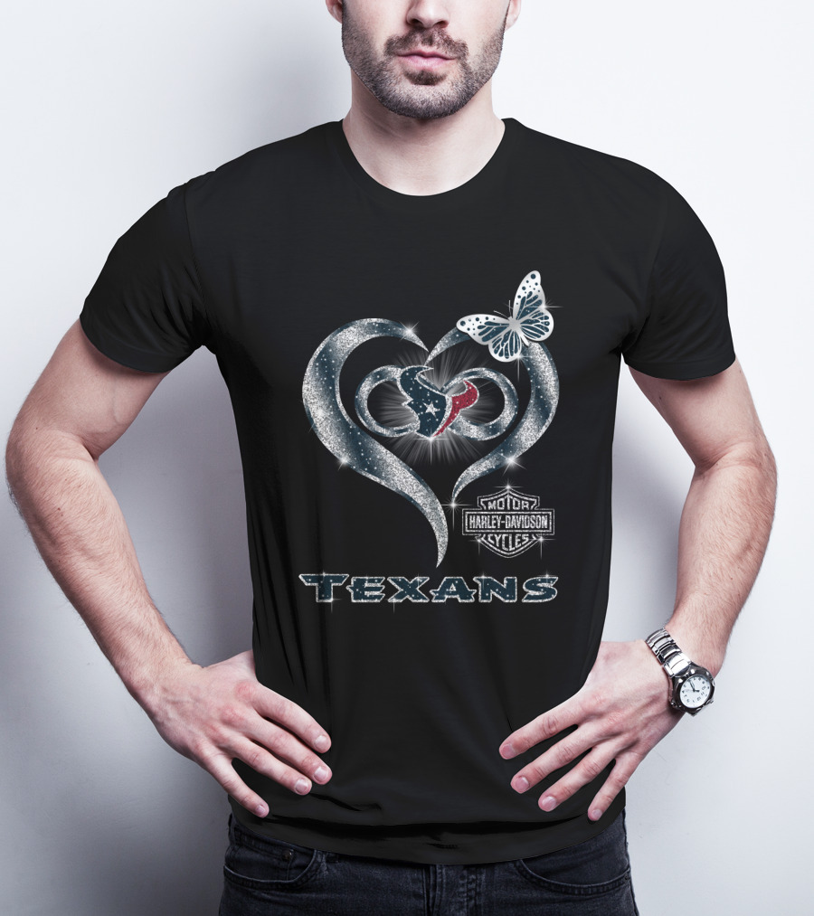 Hlh01 Houston Texans Heart Harley Davidson Cycles Butterfly T-Shirt