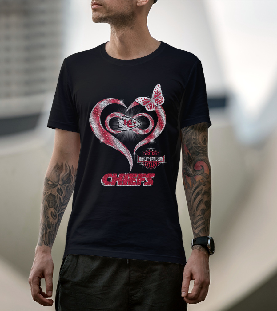 Kansas City Chiefs Harley Davidson Heart Butterfly T-Shirt