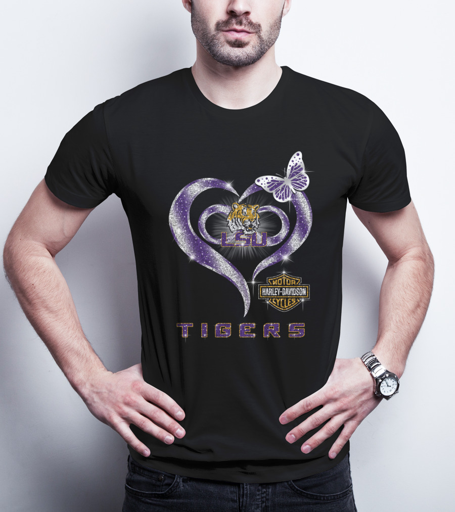 Lsu Tigers Harley Davidson Heart Butterfly T-Shirt