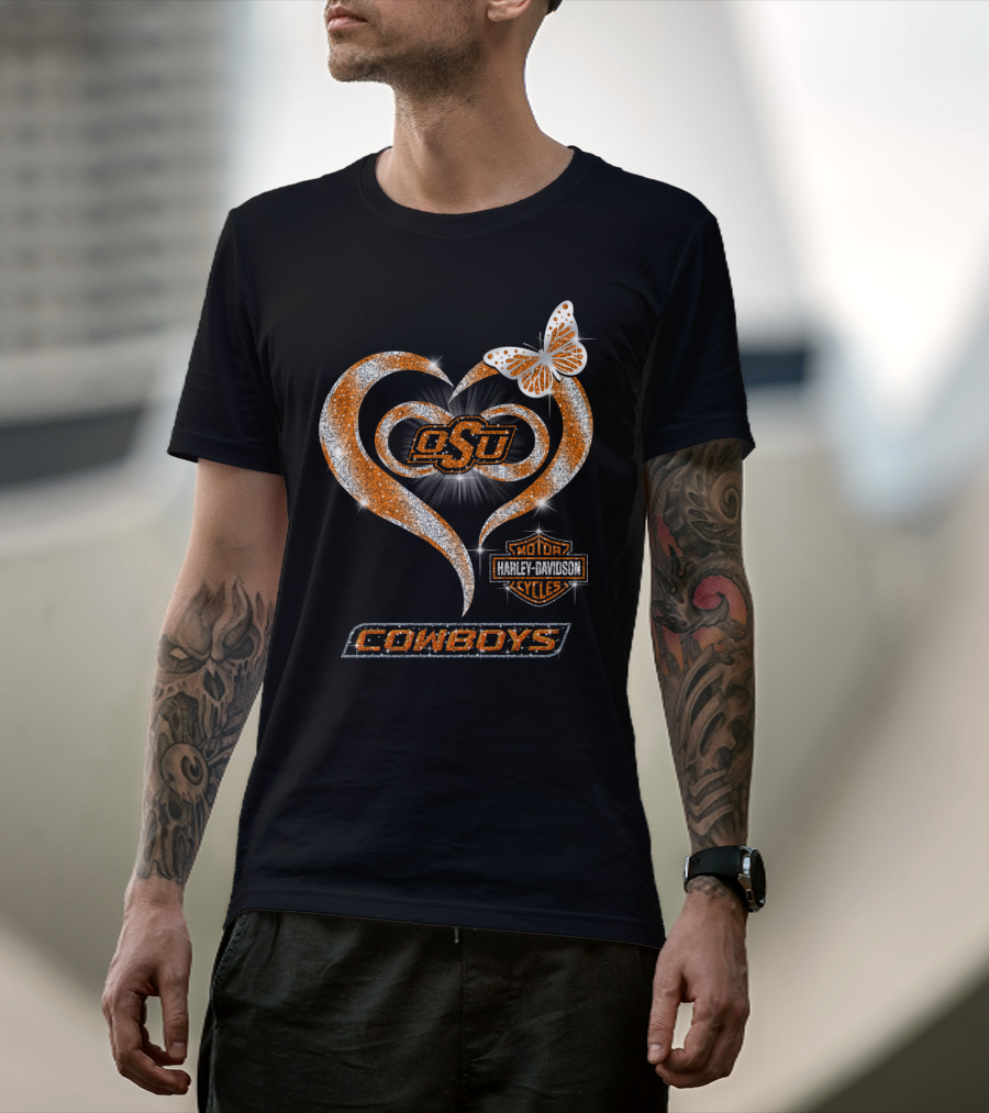 Osu Cowboys Heart Harley Davidson Sparkle Butterfly T-Shirt