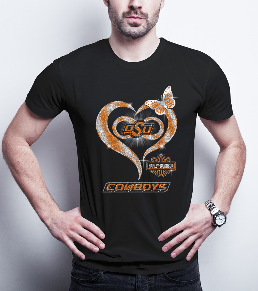 Osu Cowboys Heart Harley Davidson Sparkle Butterfly T-Shirt