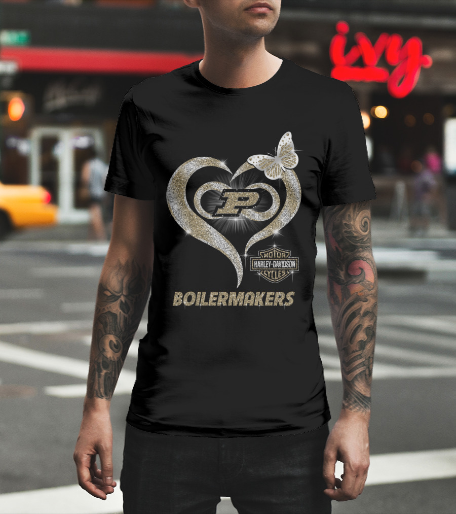 Purdue Boilermakers Harley Davidson Heart With Butterfly And P T-Shirt