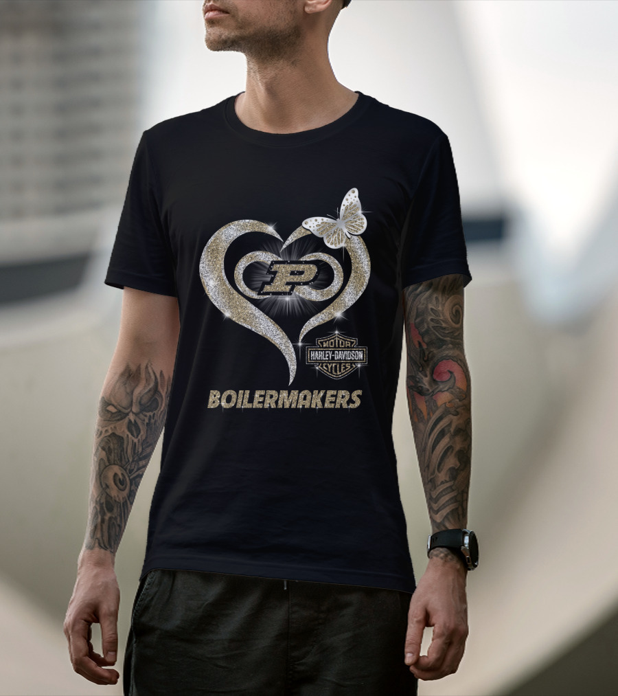 Purdue Boilermakers Harley Davidson Heart With Butterfly And P T-Shirt