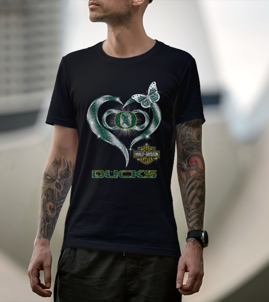 Hlh01 Oregon Ducks Harley Davidson Heart Butterfly T-Shirt