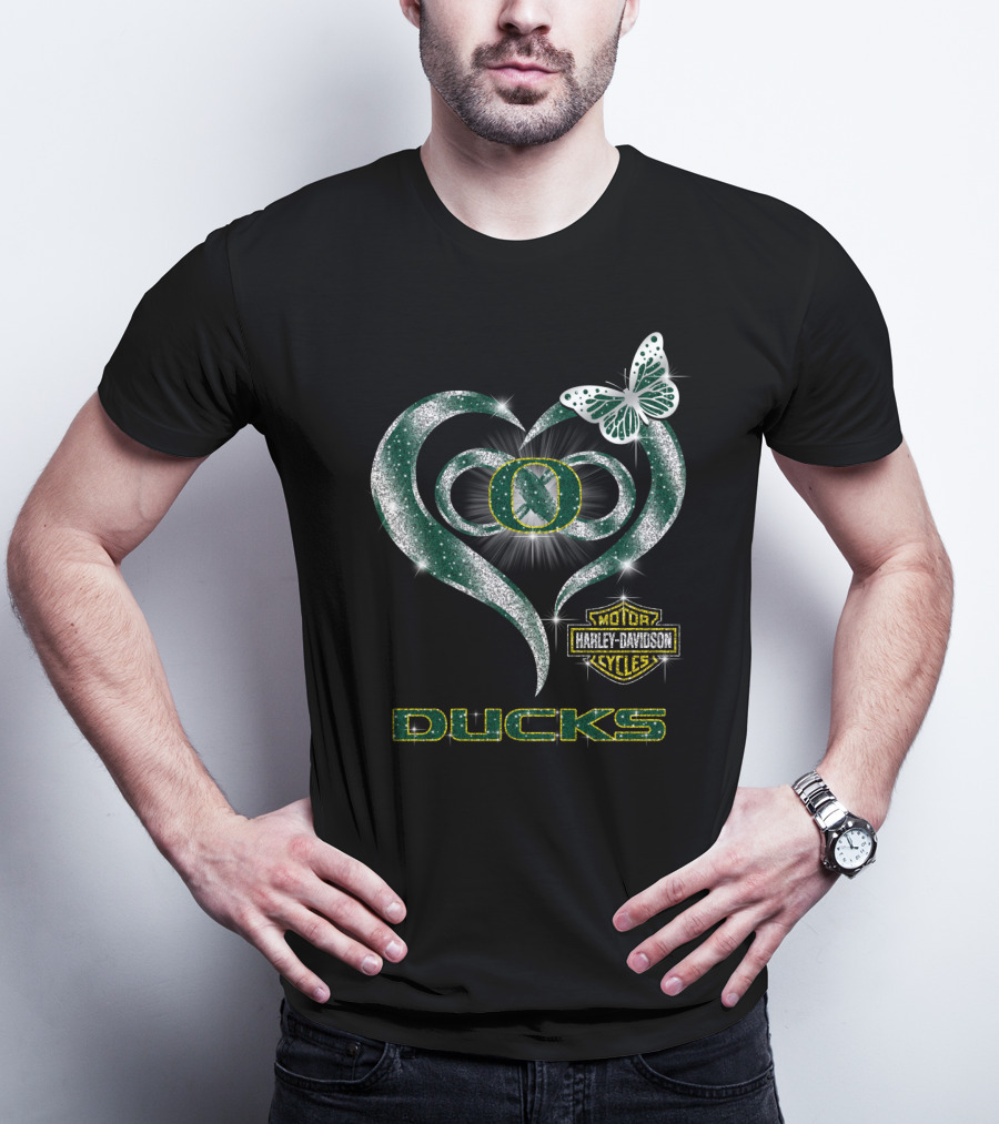 Hlh01 Oregon Ducks Harley Davidson Heart Butterfly T-Shirt