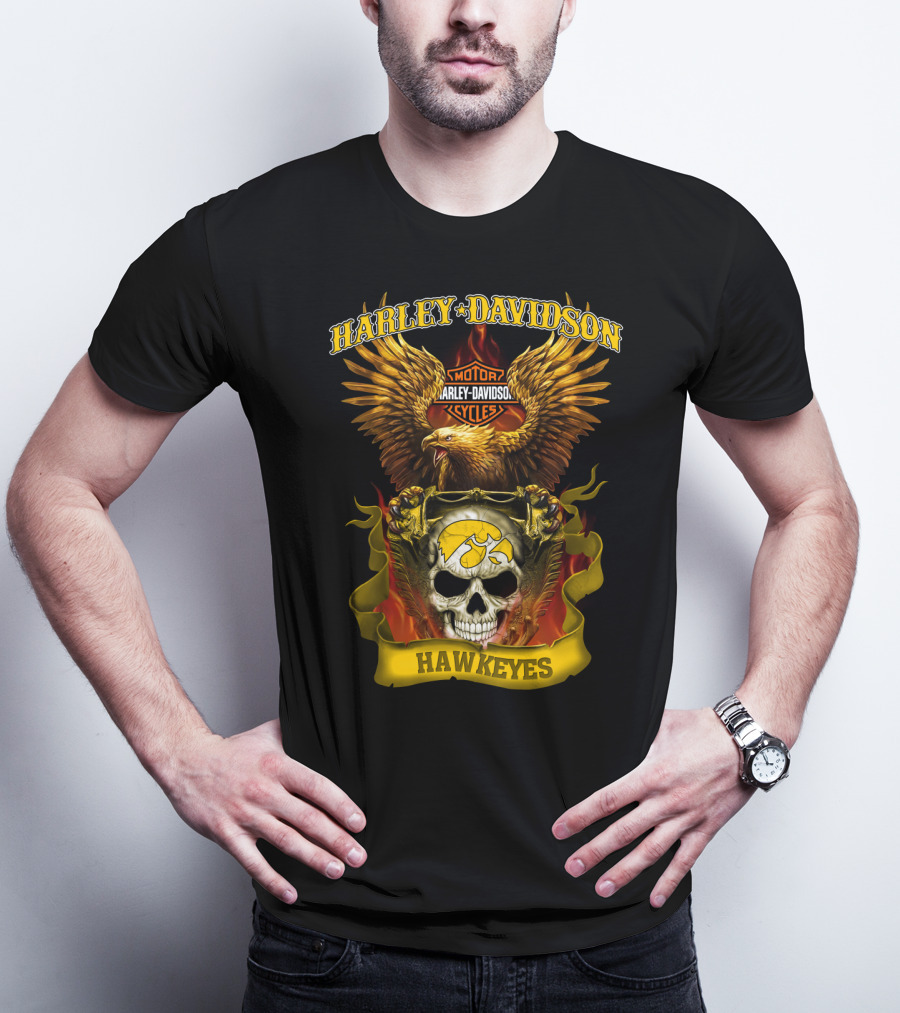 Harley Davidson Motorcycles Hawkeyes Iowa Hawkeyes Eagle Skull Flame T-Shirt