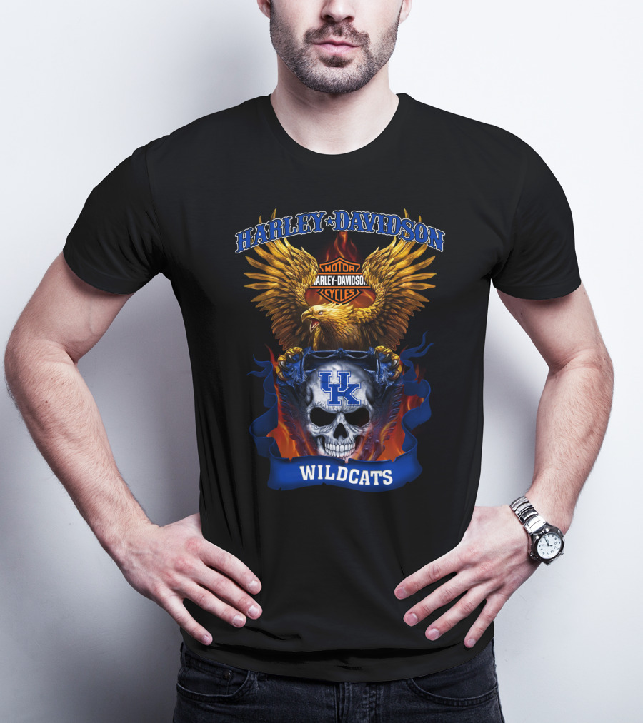 Harley Davidson Motor Cycles Kentucky Wildcats Skull Eagle Flames T-Shirt