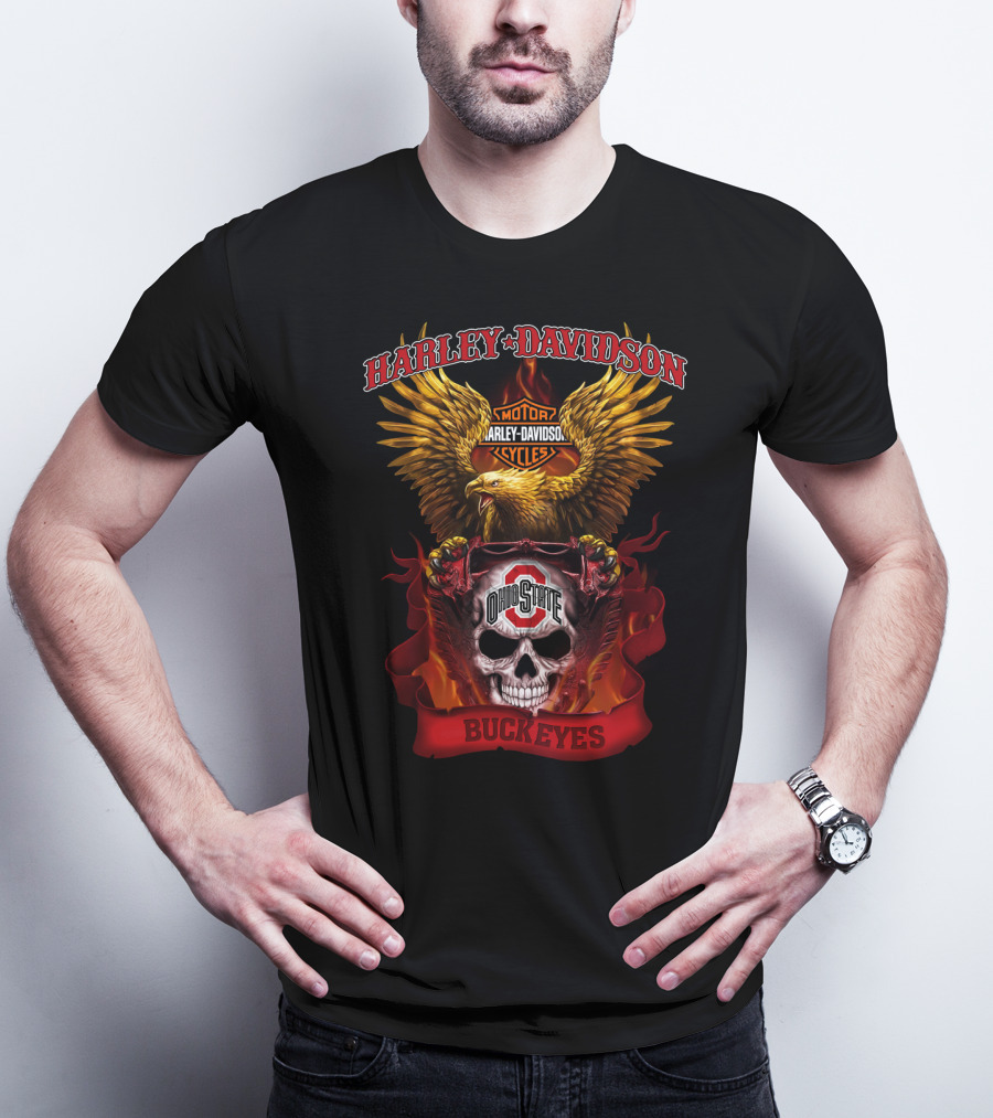 Harley Davidson Ohio State Buckeyes Skull And Eagle Motif T-Shirt