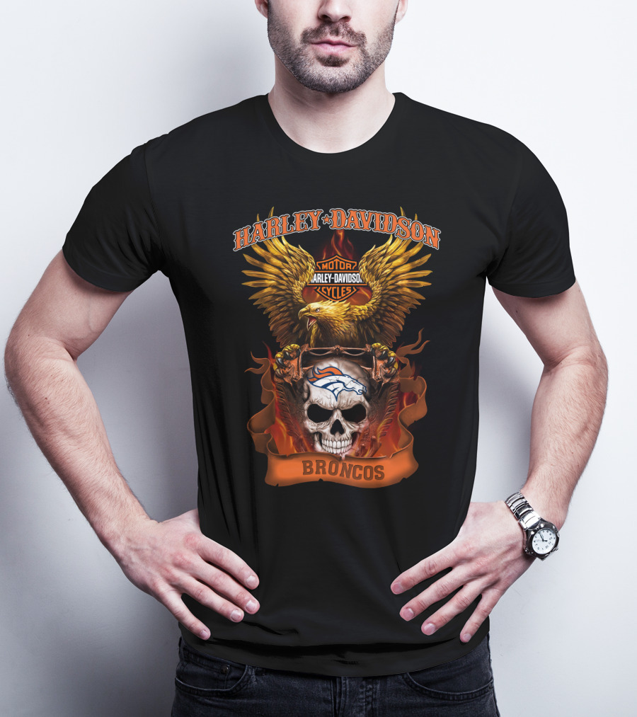 Harley Davidson Motor Cycles Broncos Eagle Skull T-Shirt