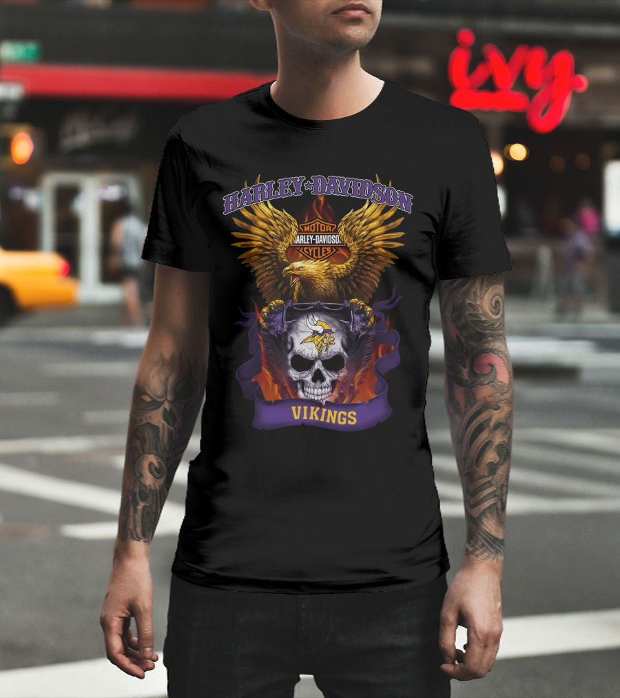 Harley Davidson Motor Cycles Vikings Skull Eagle T-Shirt