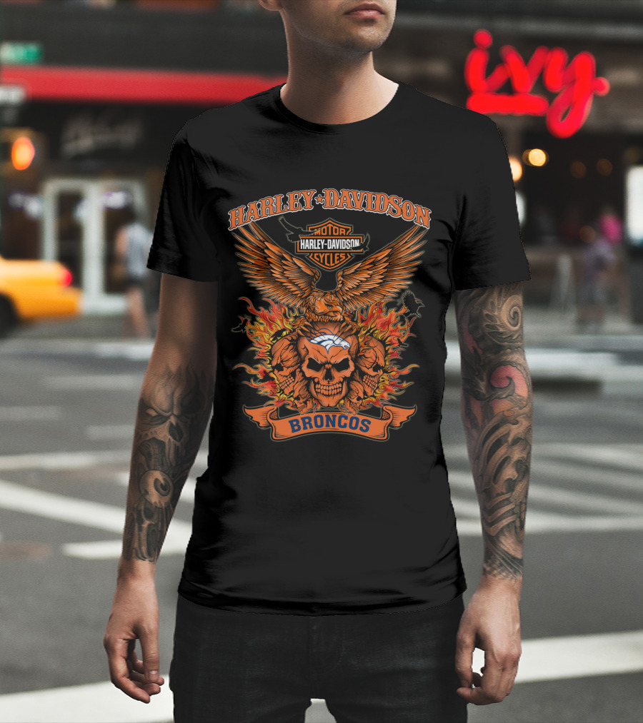 Harley Davidson Broncos Skull Flame T-Shirt