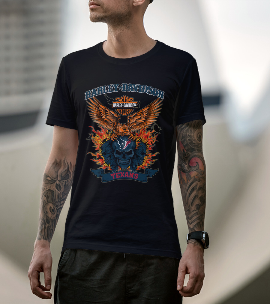 Harley Davidson Motorcycles Texans Skull Flame Eagle 0304 Nfl Houston T-Shirt