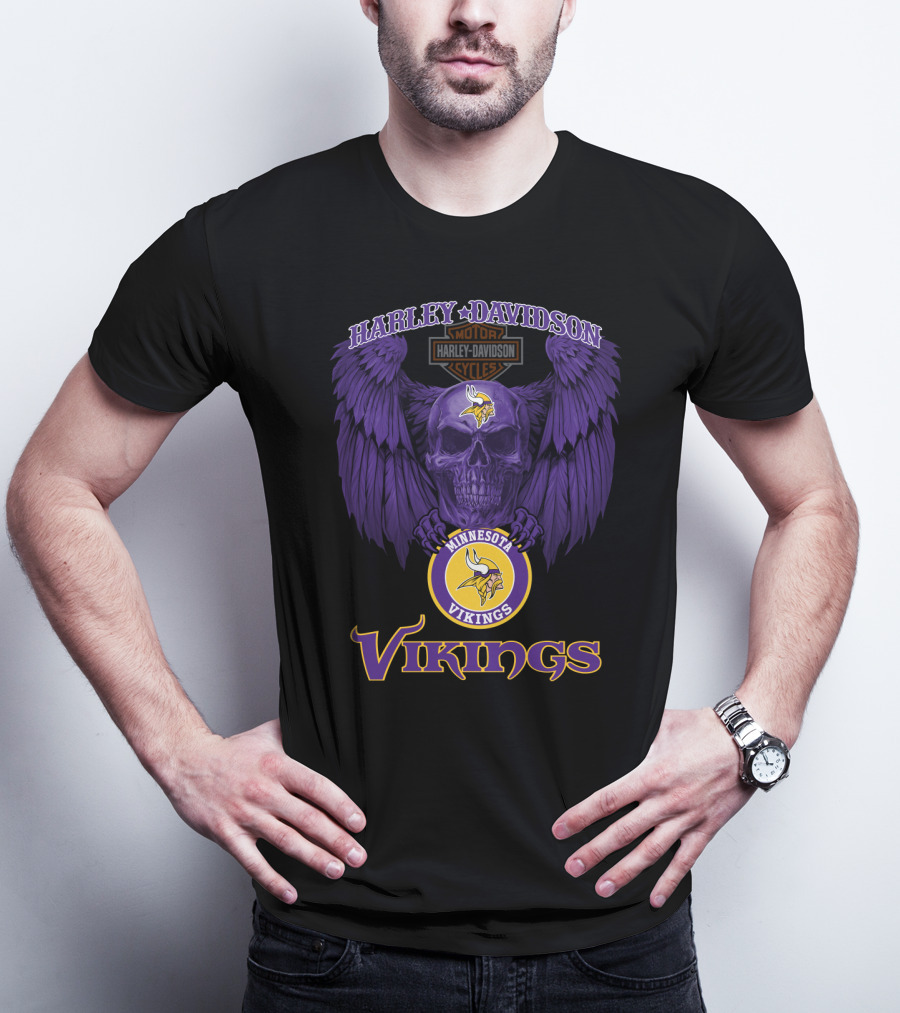 Harley Davidson Minnesota Vikings Motorcycles Purple Skull Wings T-Shirt