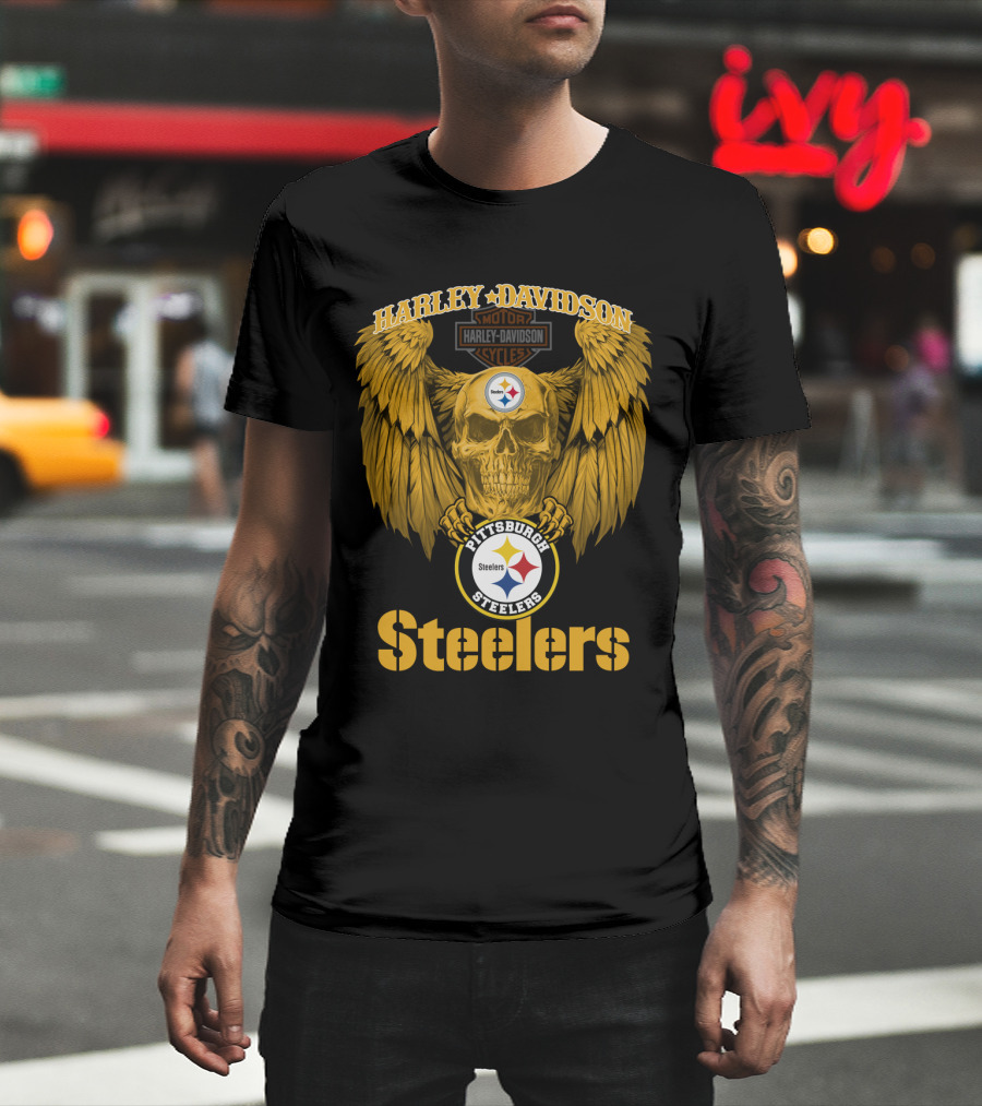 Harley Davidson Pittsburgh Steelers Skull Motor Cycles Winged T-Shirt