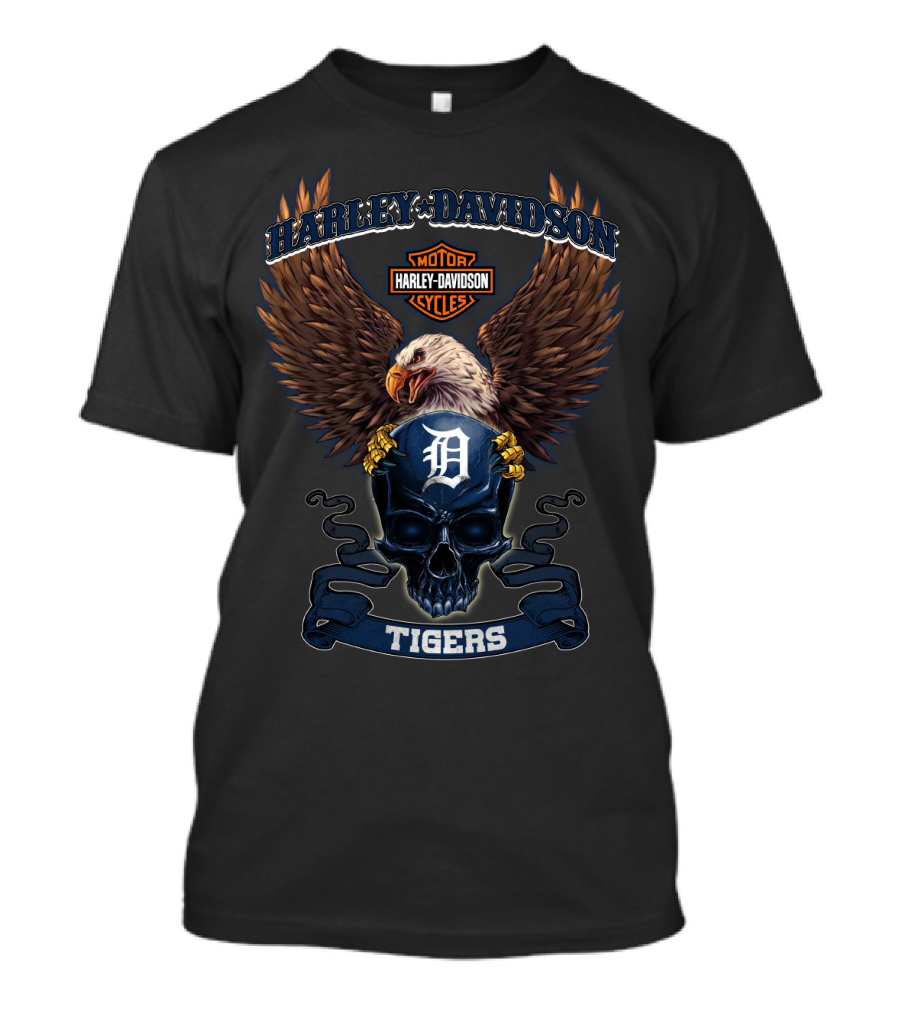 Harley Davidson Motor Cycles Detroit Tigers Eagle Skull T-Shirt