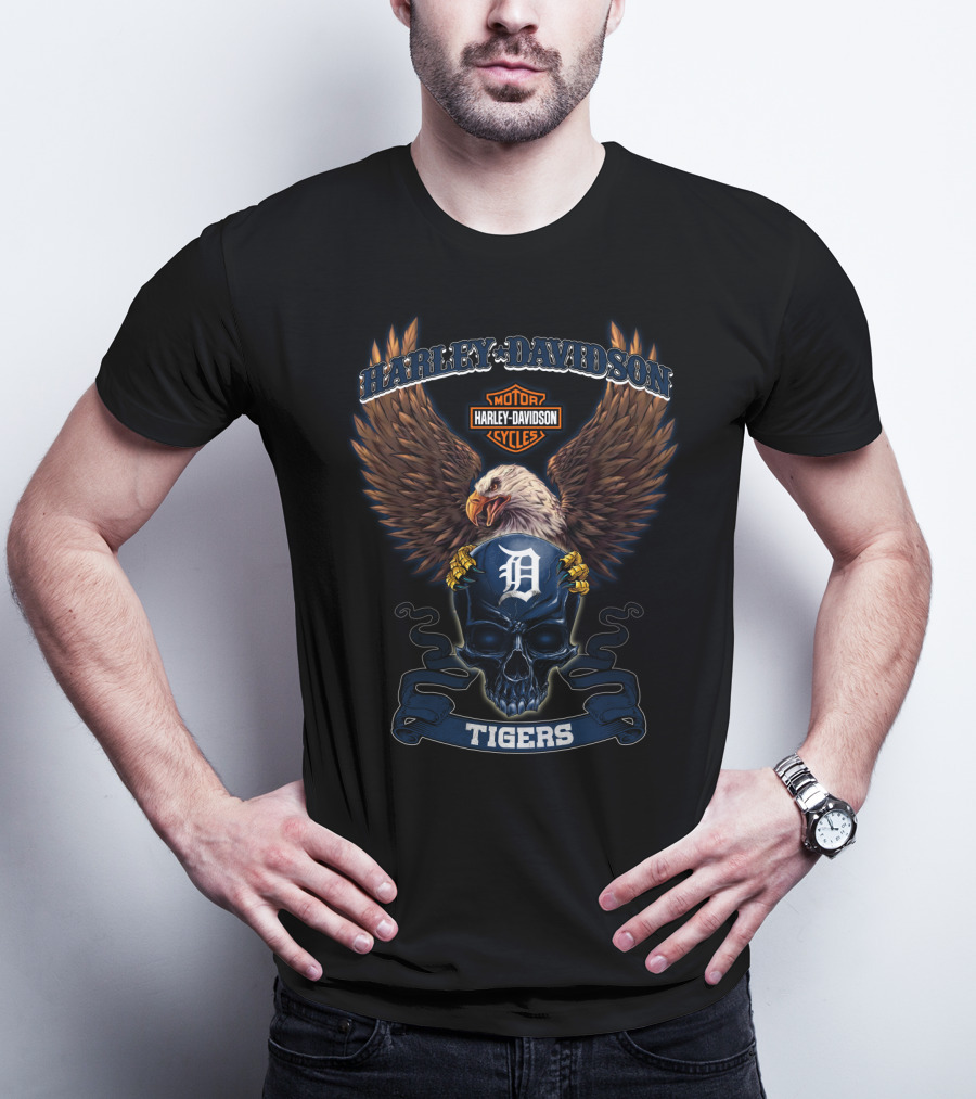 Harley Davidson Motor Cycles Detroit Tigers Eagle Skull T-Shirt