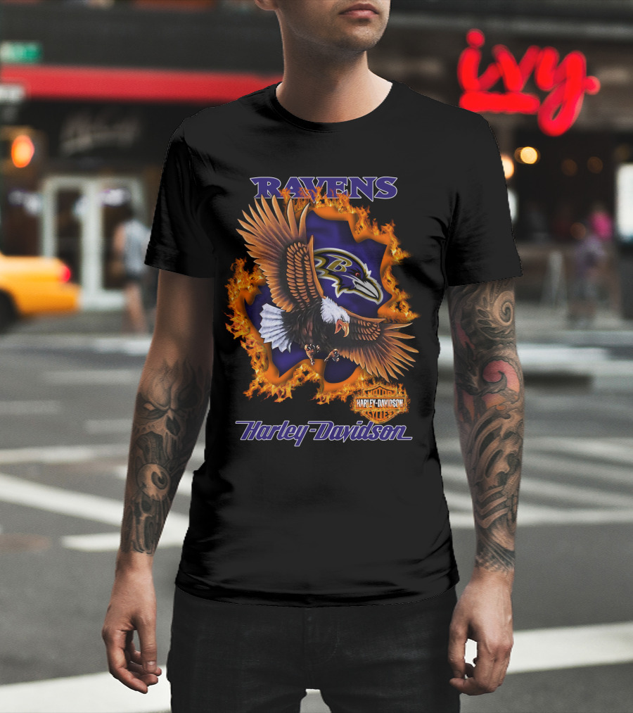 Ravens Harley Davidson Baltimore Ravens Logo Eagle Fire T-Shirt
