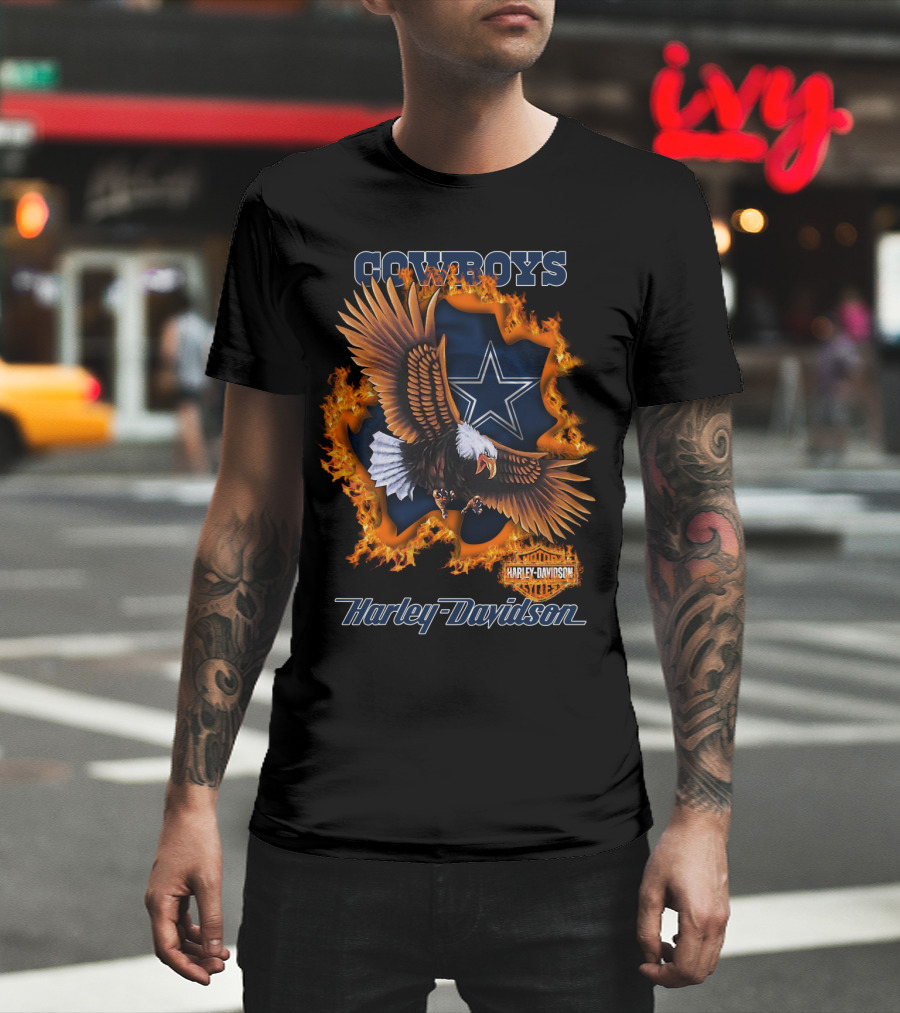 Cowboys Harley Davidson Eagle With Star And Flames T-Shirt