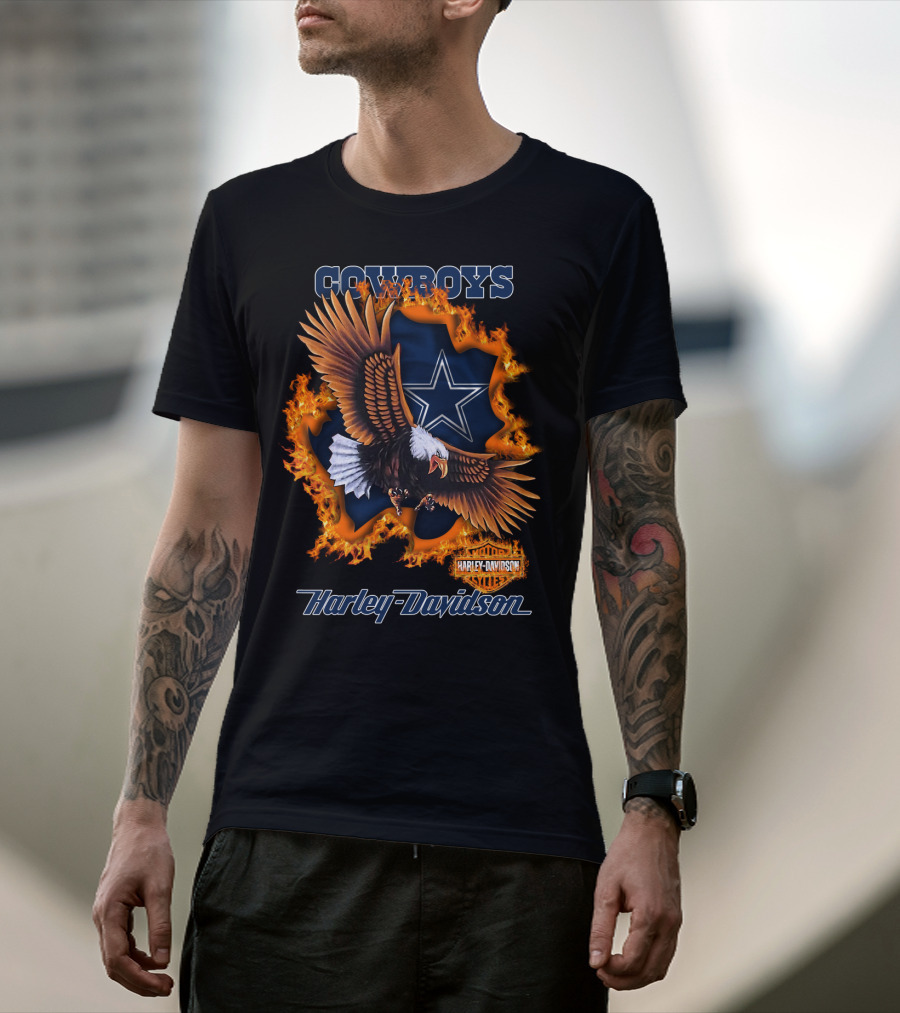 Cowboys Harley Davidson Eagle With Star And Flames T-Shirt