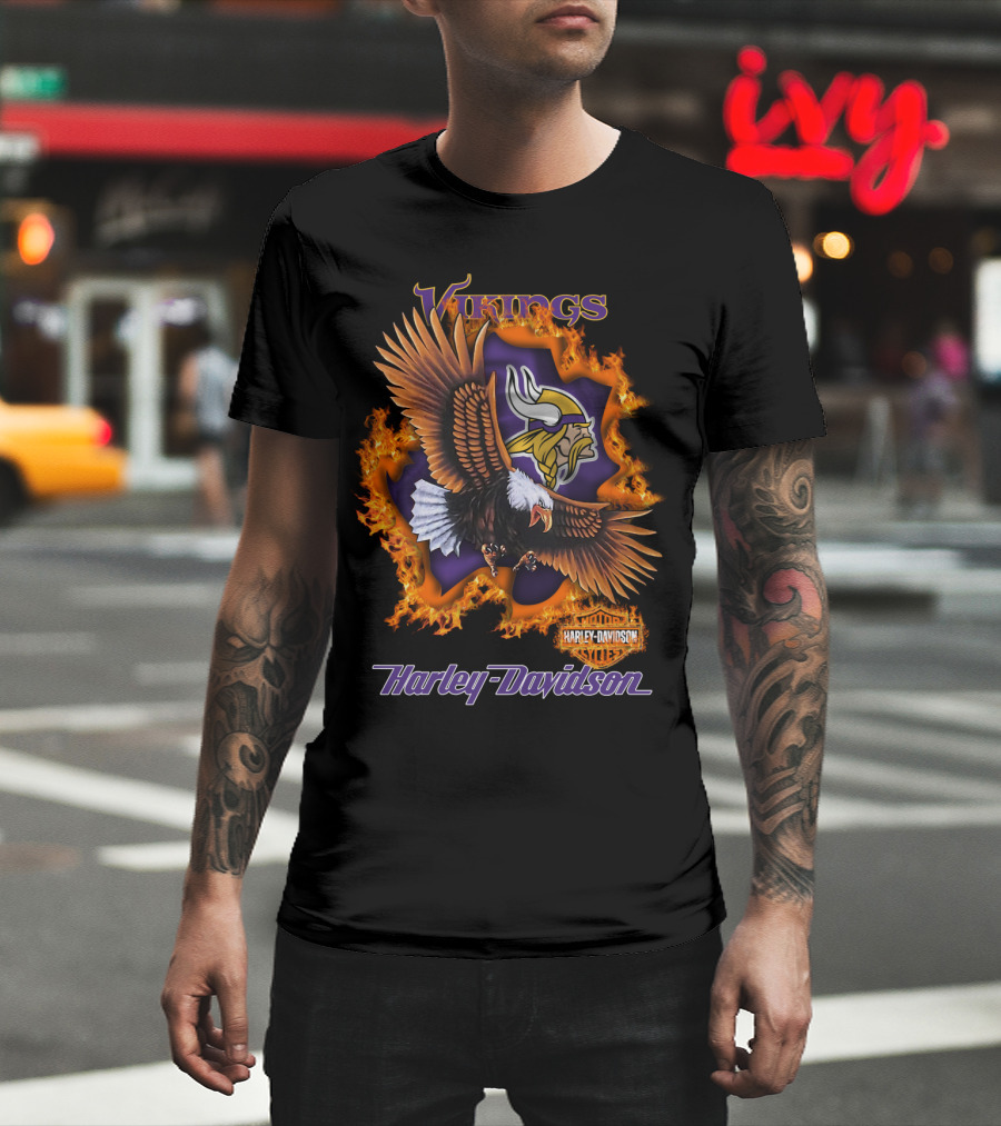 Vikings Harley Davidson Bald Eagle Fire T-Shirt
