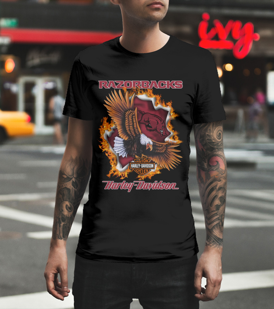 Razorbacks Harley Davidson Cycles Eagle And Flame T-Shirt