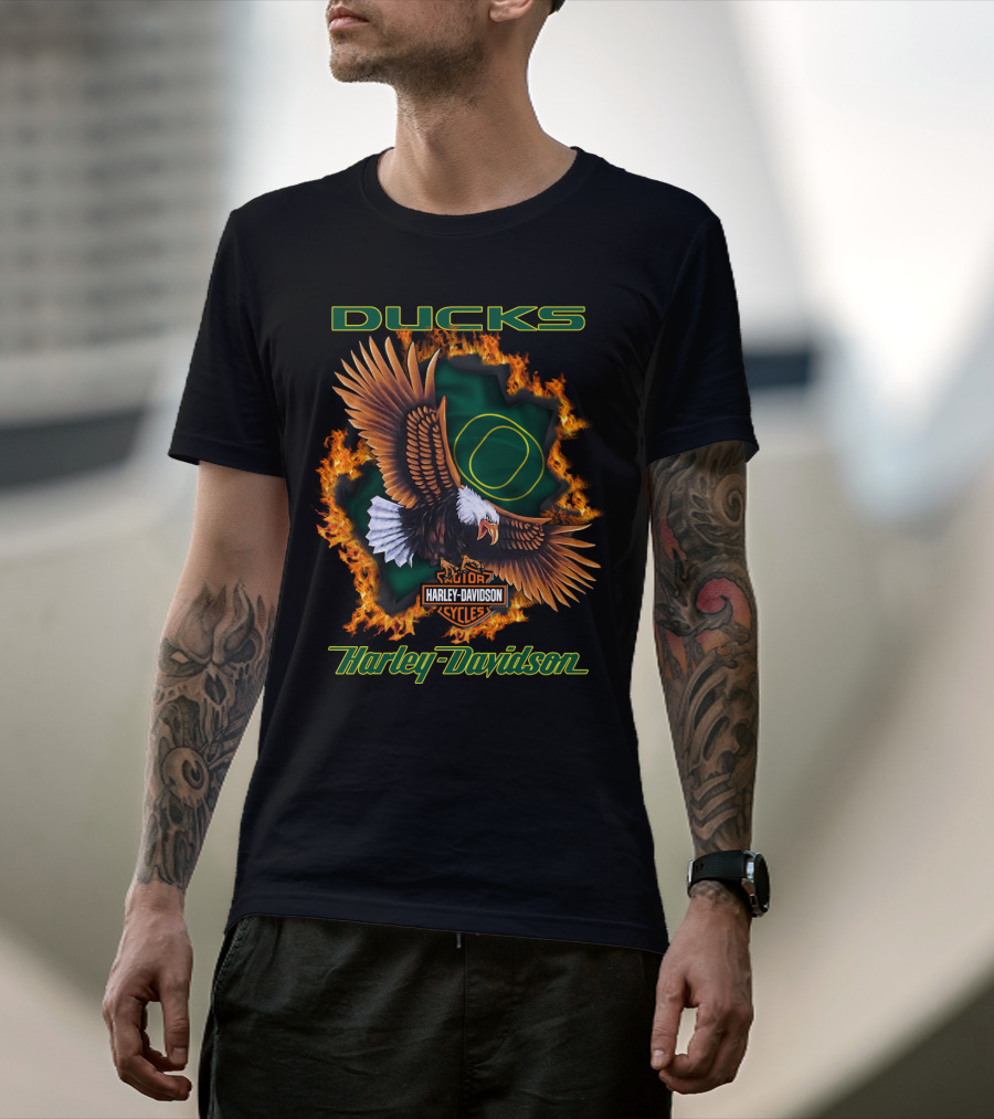 Harley Davidson Cycles Oregon Ducks Eagle Flames T-Shirt