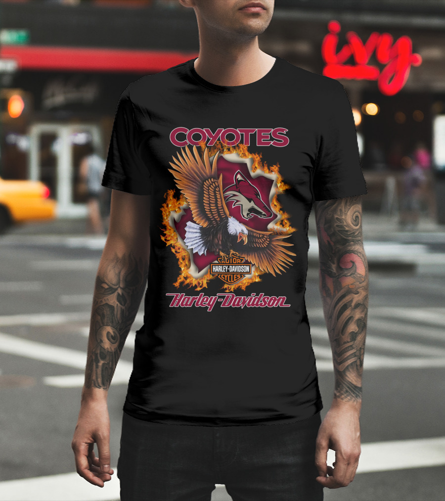Harley Davidson Arizona Coyotes Nhl Logo Flames Eagle T-Shirt