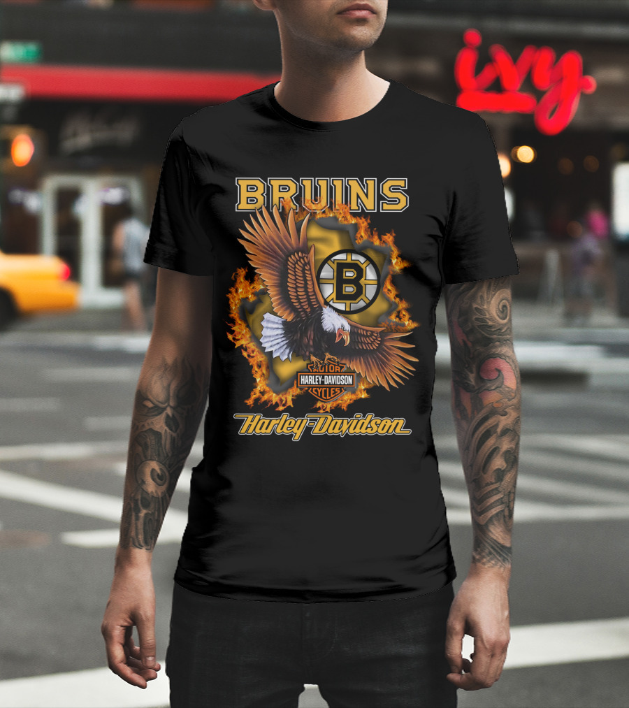 Boston Bruins Harley Davidson Cycles Eagle Flames T-Shirt