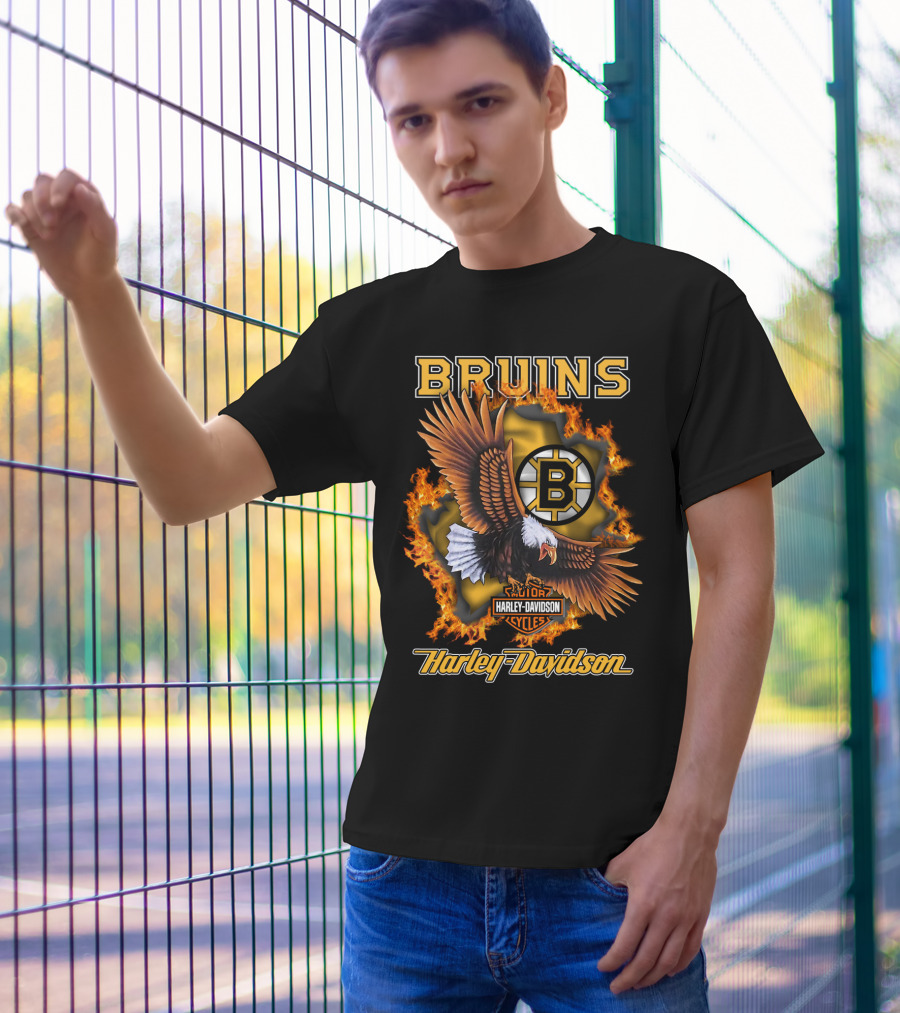 Boston Bruins Harley Davidson Cycles Eagle Flames T-Shirt