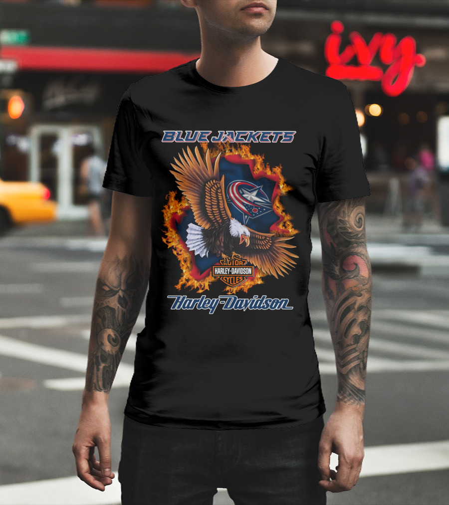 Blue Jackets Harley Davidson Columbus Nhl Cycles Eagle Flame T-Shirt