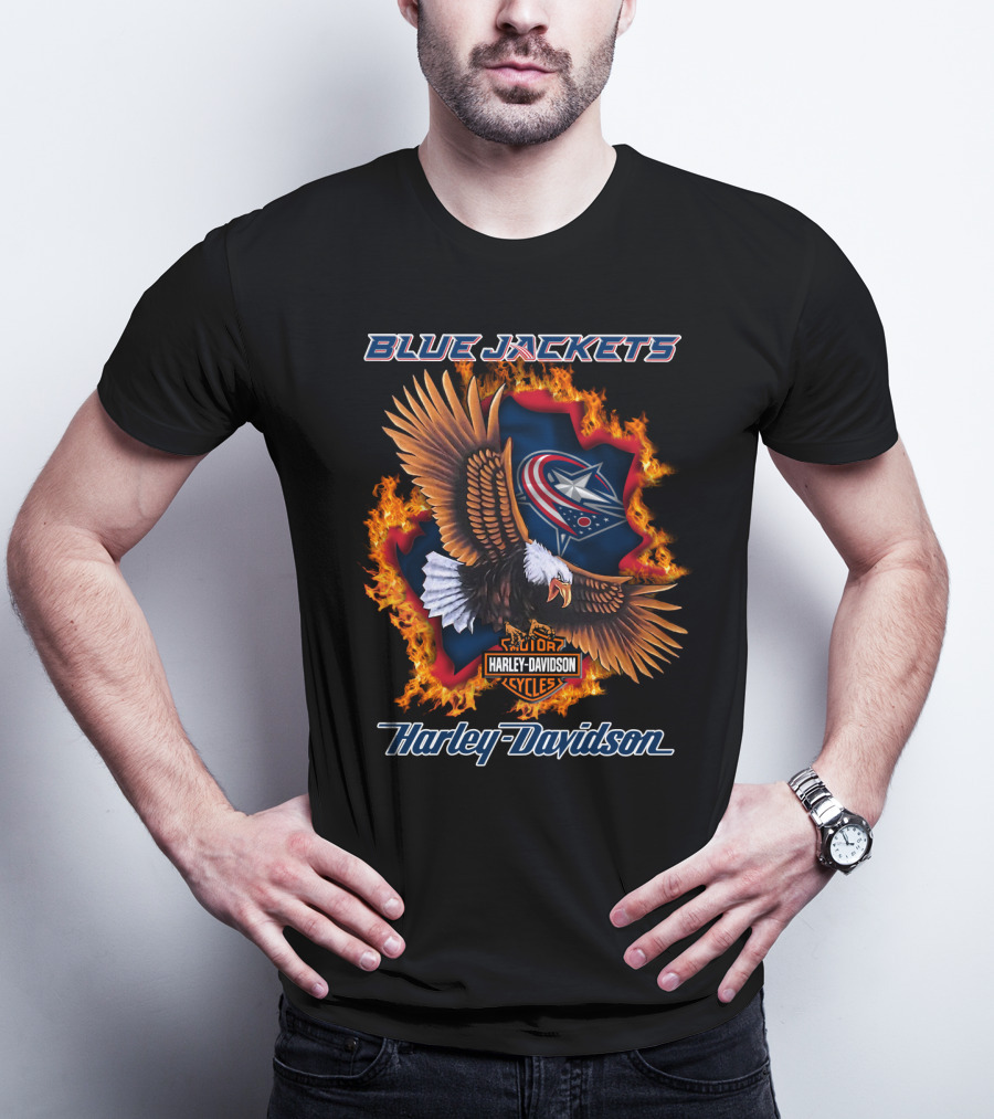 Blue Jackets Harley Davidson Columbus Nhl Cycles Eagle Flame T-Shirt