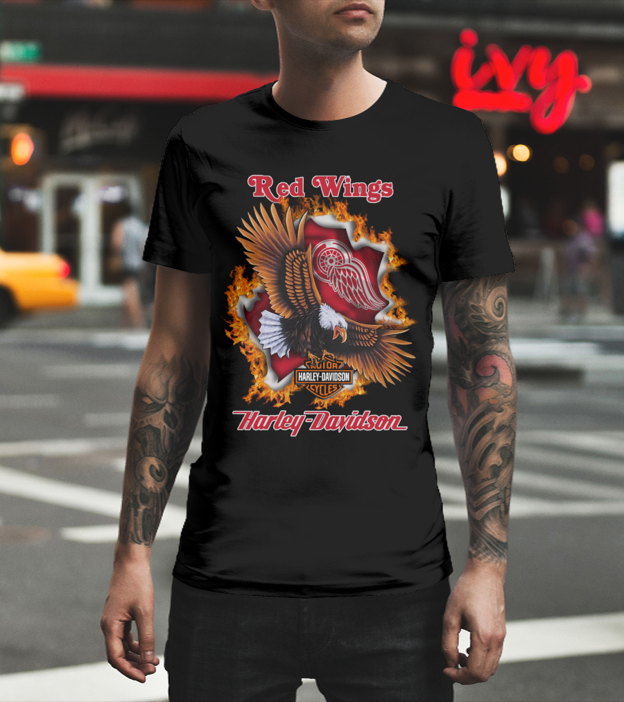 Red Wings Harley Davidson Detroit Nhl Eagle Logo Flames T-Shirt