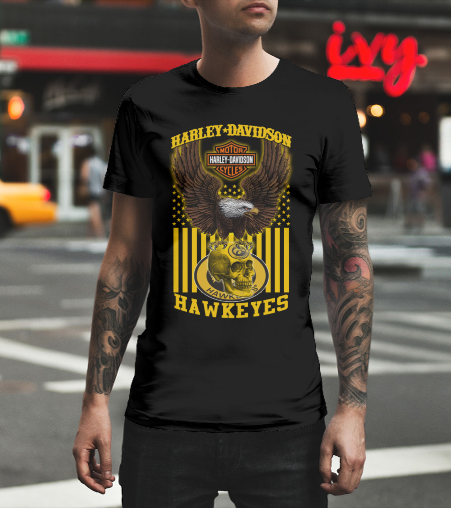 Harley Davidson Motor Cycles Hawkeyes Eagle And Skull T-Shirt