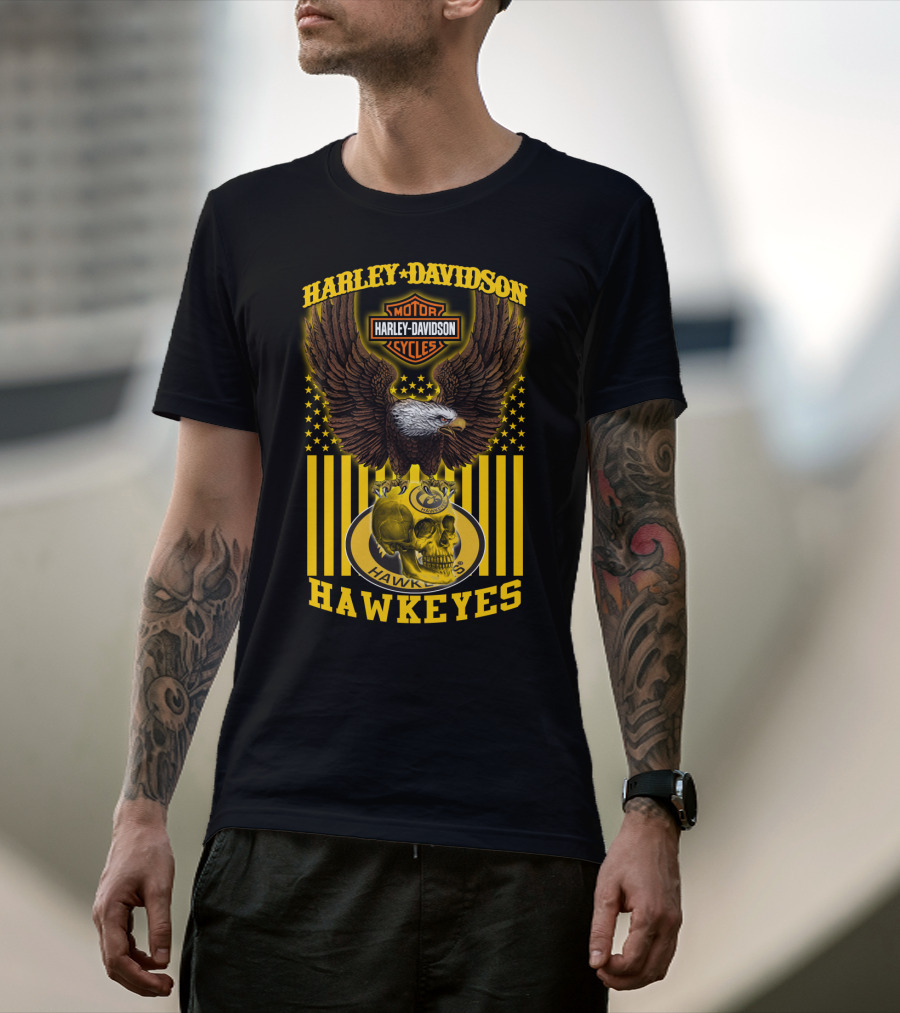 Harley Davidson Motor Cycles Hawkeyes Eagle And Skull T-Shirt