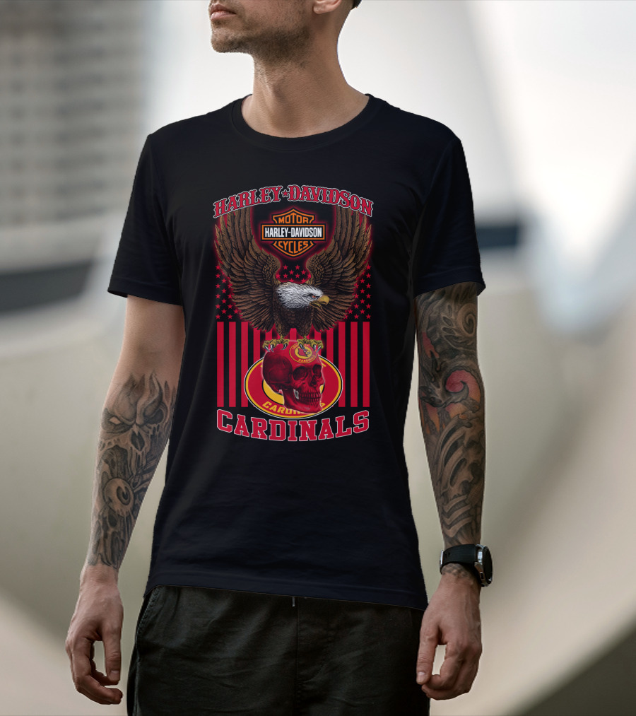 Harley Davidson Motor Cycles Eagle With Louisville Cardinals Skull And Stars T-Shirt