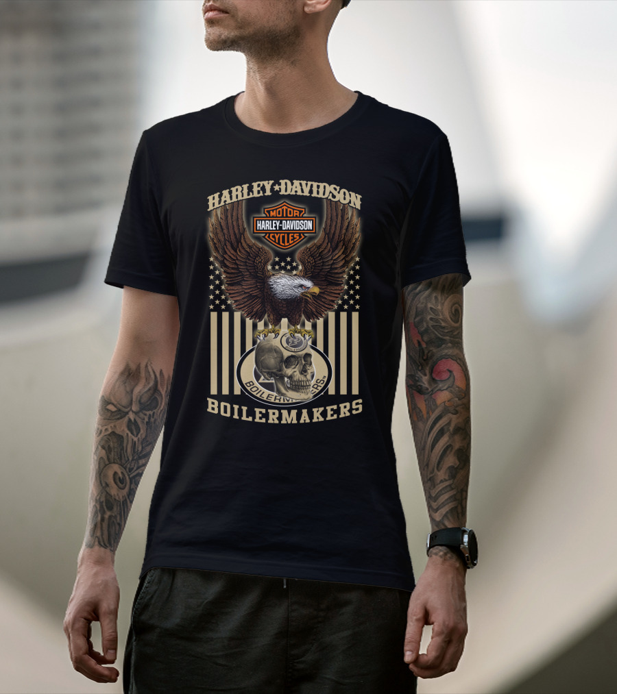 Harley Davidson Motor Cycles Boilermakers Eagle Skull Stars And Stripes T-Shirt