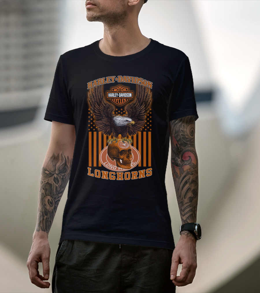 Harley Davidson Motorcycles Texas Longhorns Eagle And Skull T-Shirt