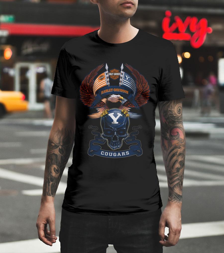 Motor Harley Davidson Cougars Byu Y Skull And Eagle Wings T-Shirt