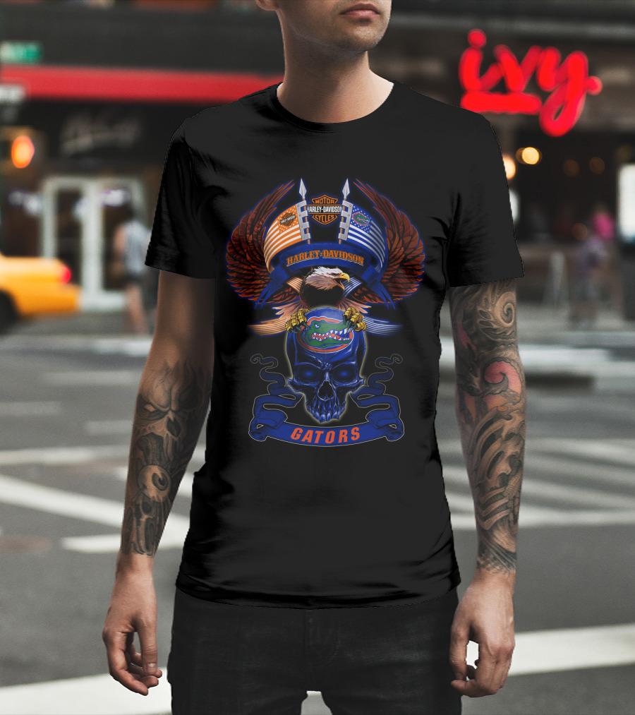 Harley Davidson Motor Cycles Florida Gators Eagle Skull T-Shirt