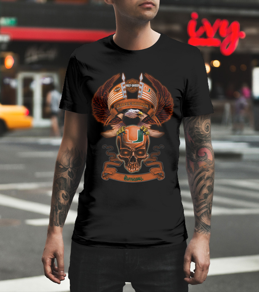 Harley Davidson Motorcycles Miami Hurricanes Eagle Skull T-Shirt