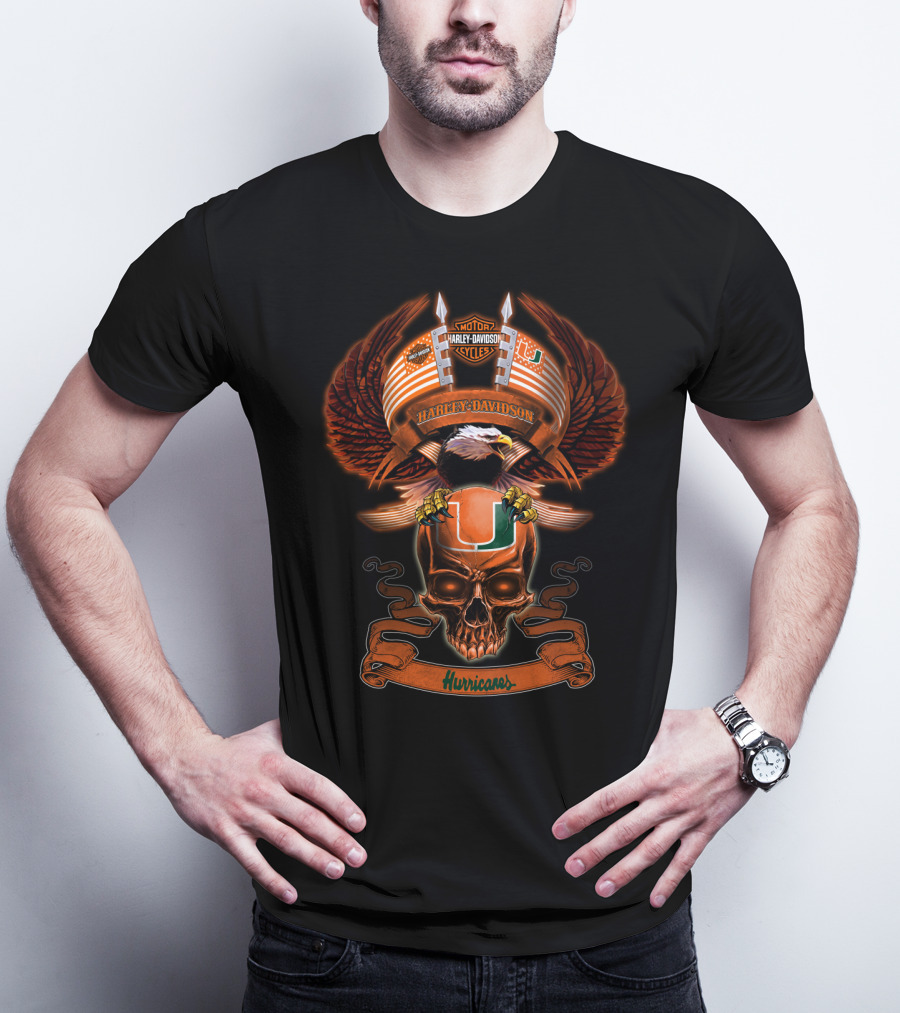 Harley Davidson Motorcycles Miami Hurricanes Eagle Skull T-Shirt