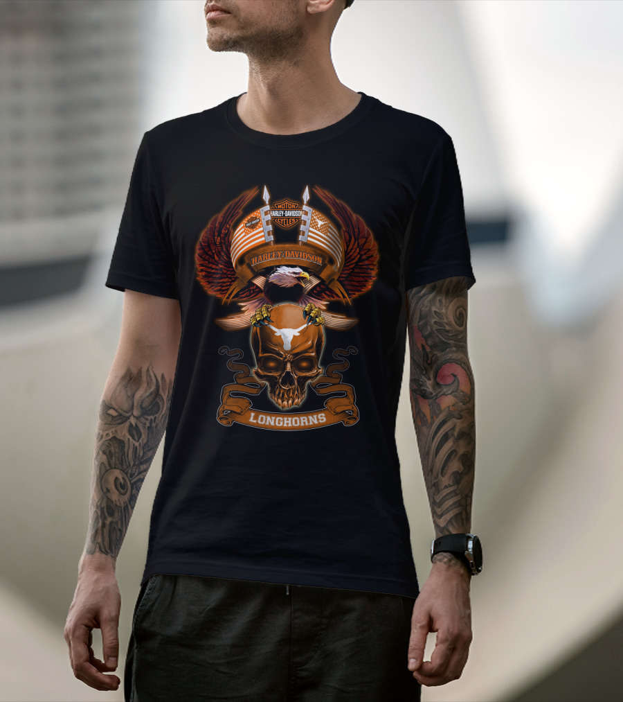 Harley Davidson Texas Longhorns Eagle Skull Wings T-Shirt