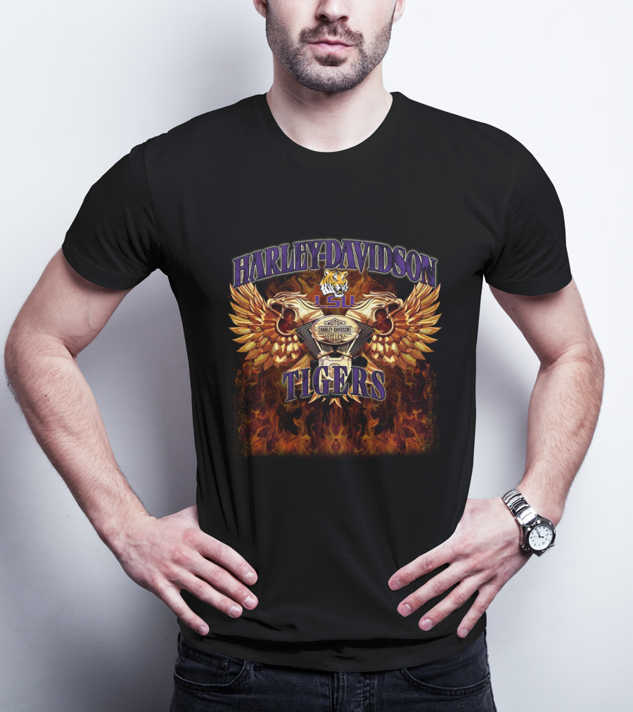 Harley Davidson Lsu Tigers Winged Engine Flame T-Shirt