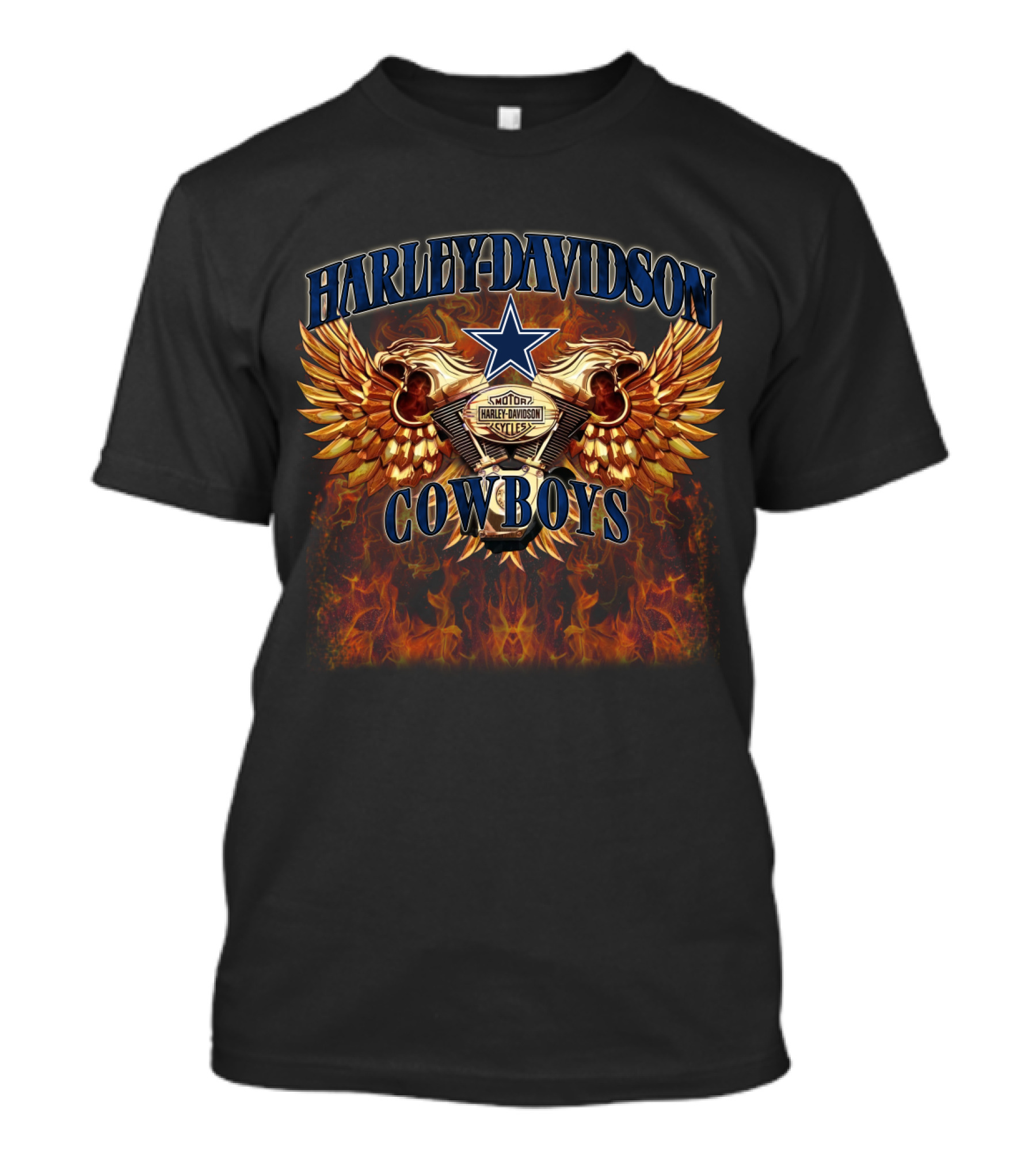 Harley Davidson Cowboys Motorcycles Star Wings Flames T-Shirt