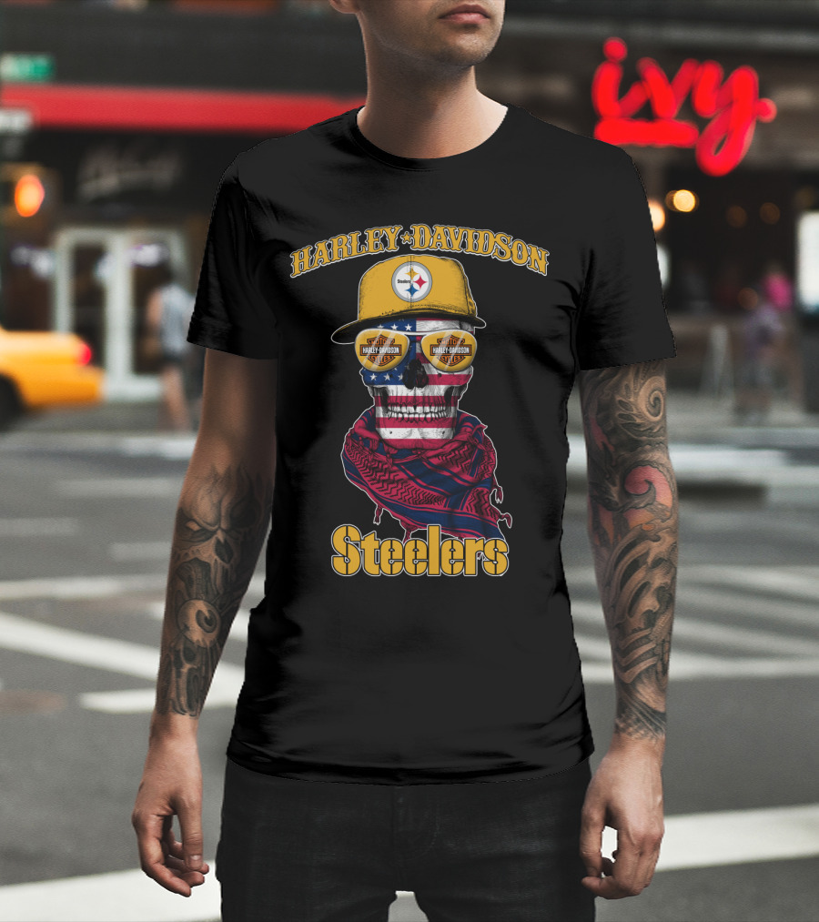 Harley Davidson Steelers American Flag Skull Cap T-Shirt