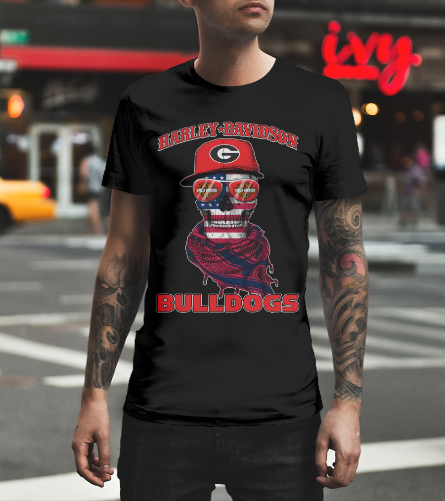 Harley Davidson Georgia Bulldogs Usa Flag Skull T-Shirt