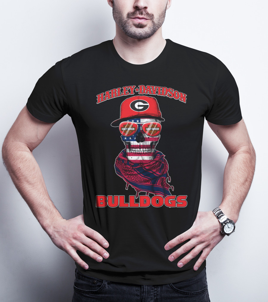 Harley Davidson Georgia Bulldogs Usa Flag Skull T-Shirt